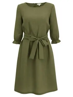 LEMUSE Emma Stonewashed Linen Knee-length Dress With Tie Belt And Pockets - Green
