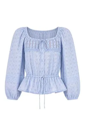 ROSE & NANCY Washed Cotton Eyelet Blouse With Lace And Pintuck Details - Blue
