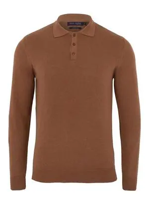 PAUL JAMES KNITWEAR Lightweight Cotton Hall Long Sleeve Knitted Polo Shirt Camel - Brown