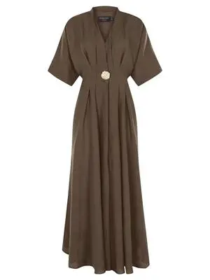 EXQUISE Samara Midi Dress With Button Detail - Brown