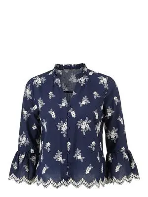 YUMI Navy Broderie Fluted Sleeve Shirt - Blue