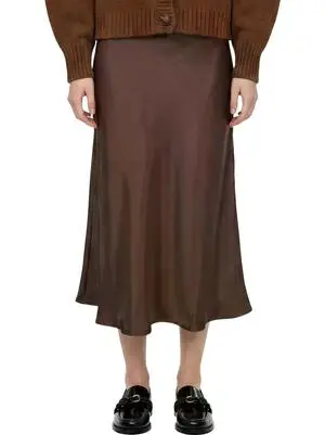 Soeur Satin Finish Elasticated Waistband Midi Skirt - Brown