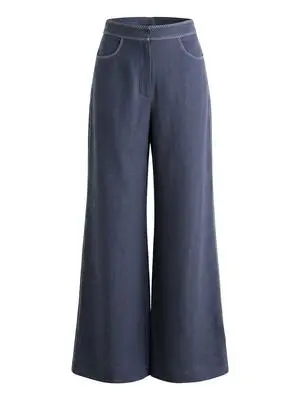 RUE LES CREATEURS Rue Les Createurs Indigo Linen Blend Wide Leg Trousers