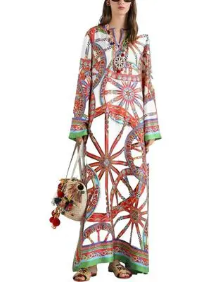 Dolce & Gabbana Carretto-print Long Sleeve Kaftan Dress - White