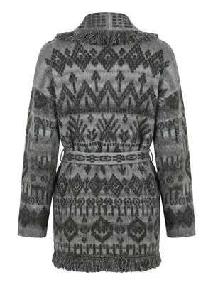 Alanui Jacquard Knit Belted Cardigan With Fringe Trim - Grey