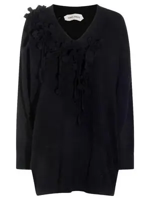 Alberta Ferretti V-neck Mini Dress With Floral Appliqu - Black