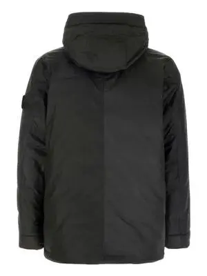 Stone Island Hooded Button-up Jacket With Logo Patch - Black