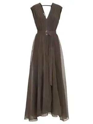Brunello Cucinelli Crispy Silk Belted Dress With Pleated Detail And Precious Strap - Brown