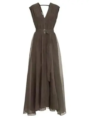Brunello Cucinelli Crispy Silk Belted Dress With Pleated Detail And Precious Strap - Brown