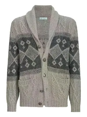 Brunello Cucinelli Virgin Wool, Silk, And Cashmere Cable-knit Cardigan With Intarsia - Grey