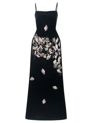 SILK AND BEARS Hand-embroidered Silk Velvet Maxi Slip Dress With Fan Motif - Black
