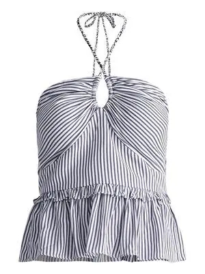 PAISIE Halterneck Peplum Top - Blue/white