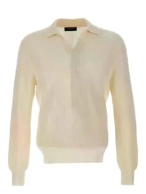 GRAN SASSO Ribbed-knit Virgin Wool Polo-collar Sweater - White