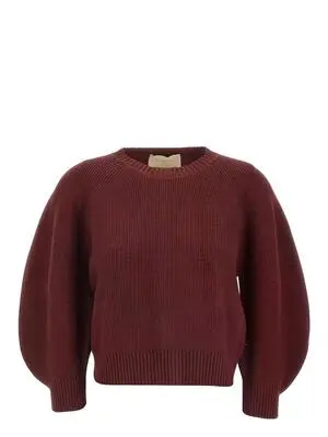 KAOS Ribbed Knit Balloon Sleeve Sweater - Red
