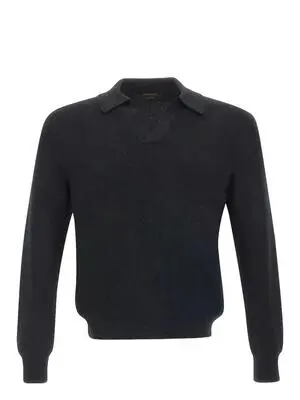 GRAN SASSO Ribbed-knit Virgin-wool Polo Shirt - Black