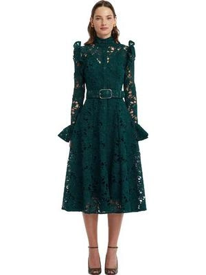 LEO LIN Aliyah Lace Butterfly Sleeve Midi Dress - Emerald
