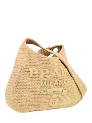 PRADA Prada Logo Embroidered Raffia Shoulder Bag