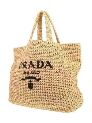 Prada Raffia Tote Bag With Embroidered Logo - Neutrals