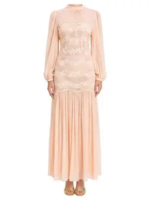 TWINSET Lace Maxi Dress With Long Sleeves And Pleated Skirt - Nude