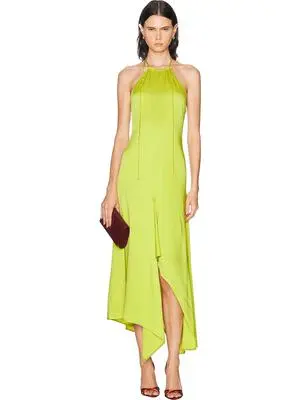 Victoria Beckham Halterneck Draped Asymmetrical Midi Dress - Chartreuse