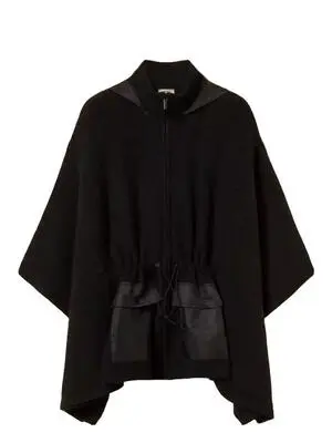 TWINSET Hooded Knitted Cape With Zip Closure And Drawstring Waist - Black
