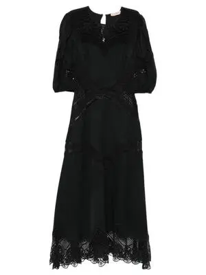 TWINSET Crew Neck Midi Dress With Embroidered Mesh Panels - Black