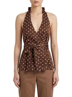 PAROSH Polka Dot Halter Neck Top - Brown