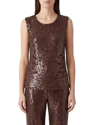 PAROSH Embellished Sequined Sleeveless Top - Brown