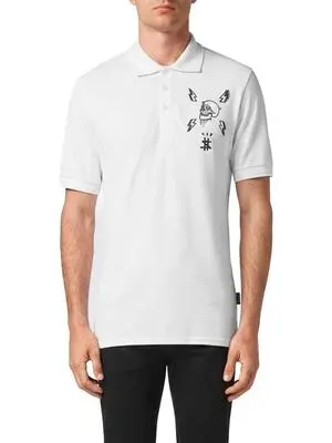 Philipp Plein Slim Fit Cotton Polo Shirt With Skull Print And Logo - White