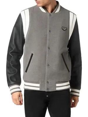 Philipp Plein Calfskin And Fabric Bomber Jacket With Contrast Trims - Grey