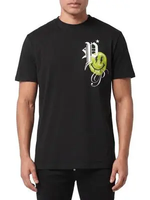 Philipp Plein Cotton T-shirt With Graphic Print And Contrasting Logo Black