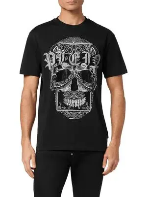 Philipp Plein Skull Print Cotton T-shirt With Rhinestones - Black