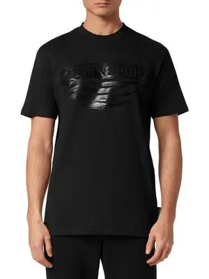 PLEIN SPORT Cotton Crew Neck T-shirt With Tone-on-tone Logo Print - Black