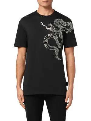 Philipp Plein Embroidered Snake Print Cotton T-shirt - Black