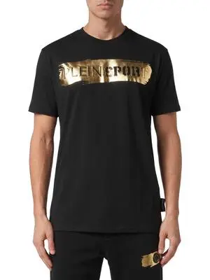 PLEIN SPORT Slim Fit Cotton T-shirt With Contrast Laminated Logo - Black