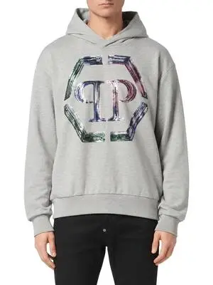 Philipp Plein Cotton Hoodie With Hexagon Logo And Monogram - Grey