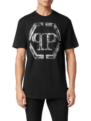 Philipp Plein Cotton T-shirt With Monogram And Rhinestone Hexagon Logo - Black