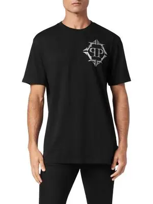 Philipp Plein Cotton T-shirt With Monogram Print And Hexagon Logo Black
