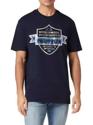 Philipp Plein Embroidered Rhinestone Logo Cotton T-shirt - Blue