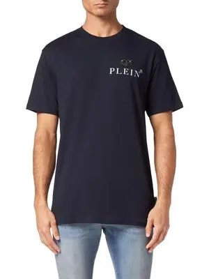 Philipp Plein Crew Neck T-shirt In Pure Cotton With Contrast Chest Logo - Blue