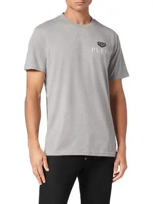 Philipp Plein Crew Neck T-shirt In Pure Cotton With Contrast Chest Logo - Grey