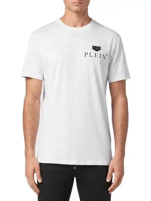 Philipp Plein Crew Neck T-shirt In Pure Cotton With Contrast Chest Logo - White