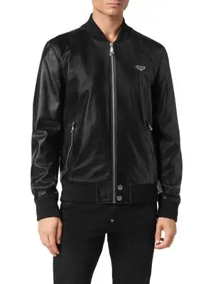Philipp Plein Leather Bomber Jacket - Black