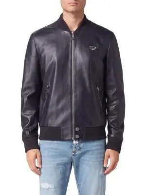 Philipp Plein Leather Bomber Jacket With College Collar And Zip Pockets - Blue