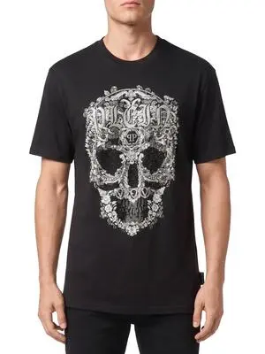 Philipp Plein Cotton T-shirt With Skull Print And Applied Crystals - Black