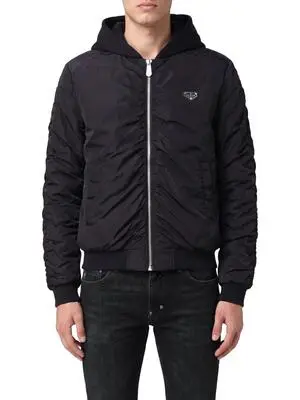 Philipp Plein Polyester Windbreaker Jacket With Hood And Zip Closure - Black