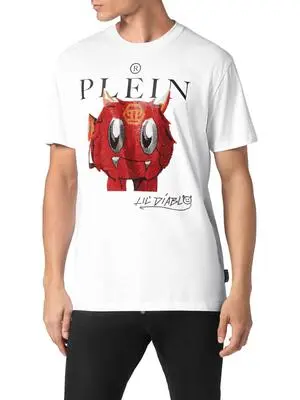 Philipp Plein Cotton T-shirt With Graphic Print And Rhinestone Applications - White