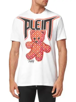 Philipp Plein Crew Neck Cotton T-shirt With Contrast Teddy Bear Print - White