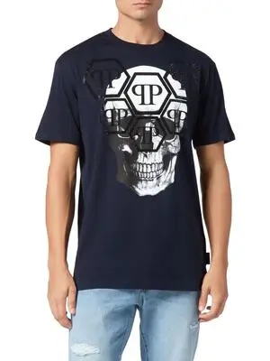 Philipp Plein Cotton T-shirt With Skull Print And Rhinestone Hexagon Logo - Blue