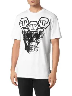 Philipp Plein Cotton T-shirt With Skull Print And Rhinestone Hexagon Logo - White